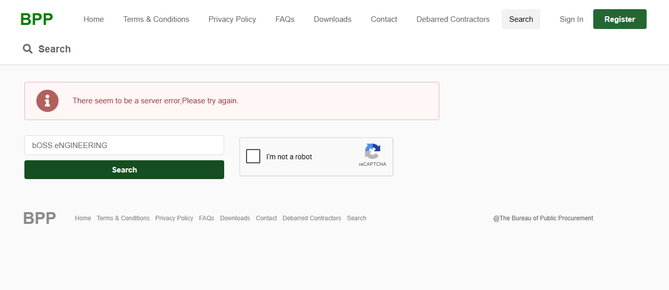 Server Error on BPP Portal Hinders Access to Procurement Records